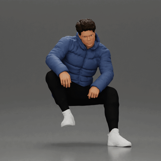 🎉 Street performer crouching low in blue puffer jacket athletic stance ...