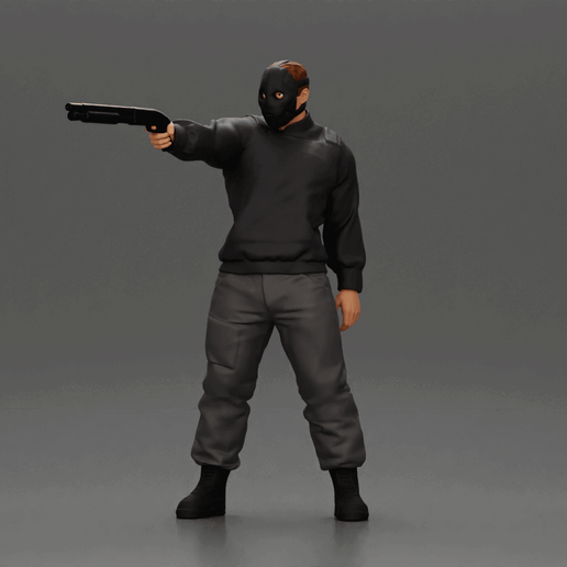 👨 Masked man in black jacket aims shotgun with determined gaze・ STL ...