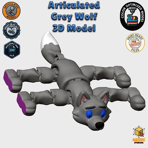 🐺 Articulated Grey Wolf – Cute Print-in-Place Animal Toy・ 3D File for 3D printing・Cults